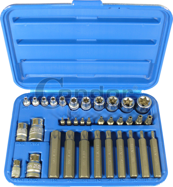 Douilles et embouts Torx T mâle + E femelle | 1/4 + 3/8 + 1/2 | Coffret 35 pièces